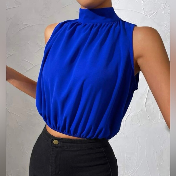 Tops | Royal Blue Tie High Neck Blouse | Poshmark